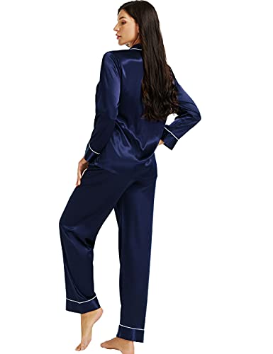 Womens Silk Satin Pajamas Set Sleepwear Loungewear Navyblue L