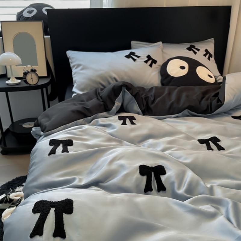 MASTERMARK Blue Duvet Cover Set ,3 Piece Luxury Silky Black Bow Design Bedding Set with 2 Pillow Shams with Zipper Closure (No Comforter) 86x94 Inches
