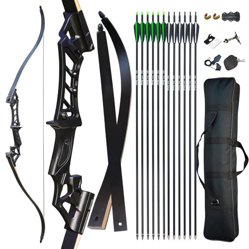 D&Q 58'' Recurve Archery Bow and Arrow Set for Adults Beginners, Black Hunter Aluminum Alloy Takedown Bow for Right Hand.(Black, 70lb)