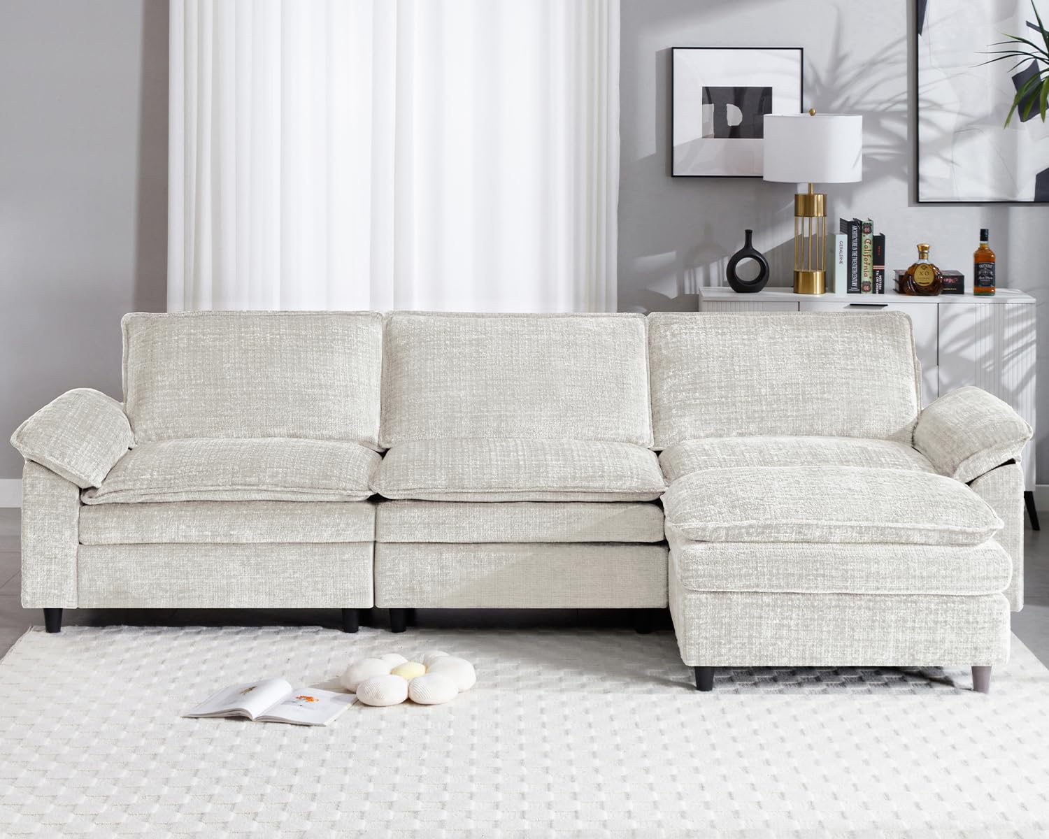 L Shaped Sofa Cloud Couch with Ottoman, 96" Modular Sectional Sofa for Living Room, 4 Seater Green Velvet Sofa Small Sectional Couch for Small Space Apartment Office