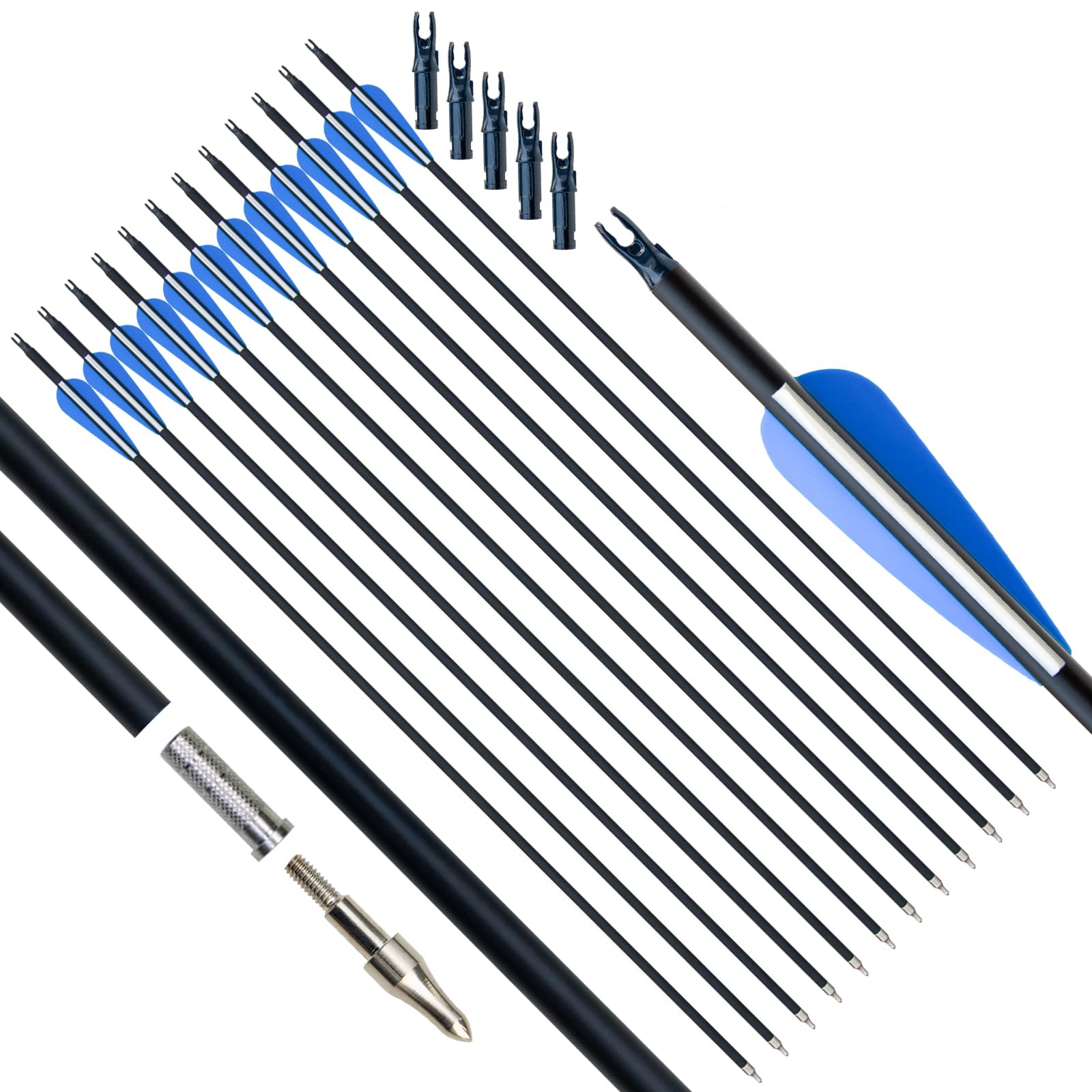 D&Q Carbon Arrow Hunting Arrows, with 100 Grain Removable Tips Target Practice Arrows for Archery Compound & Recurve Bow (Blue+White)