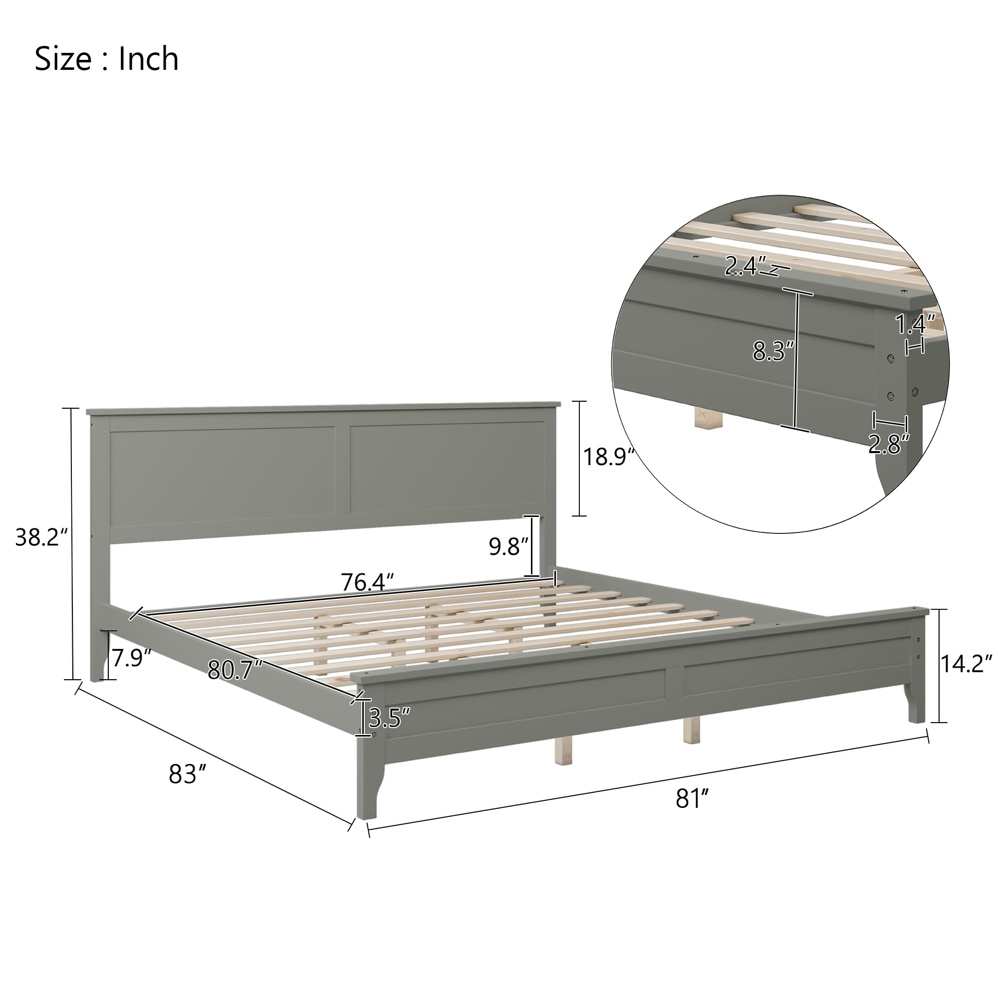 FEELHOME Modern Gray Solid Wood King Platform Bed Frame with Headboard and Footboard
