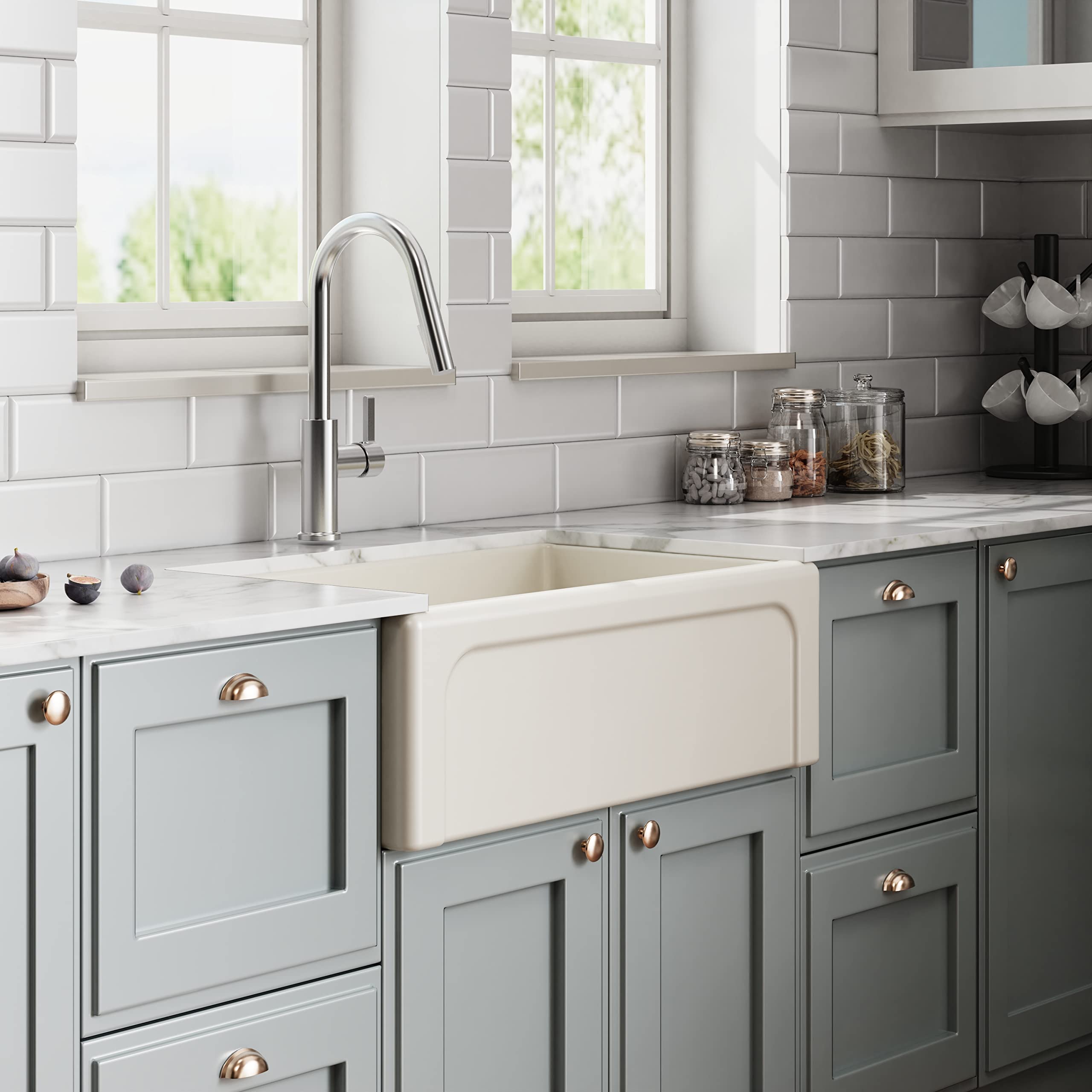 ELLAI Farmhouse Sink 30 Inch Beige Fireclay Apron Front Single Bowl Deep Drop In Kitchen Sink Undermount Farm Sink with Bottom Grid & Strainer, 30βx18βx10β Reversible Matte Biscuit