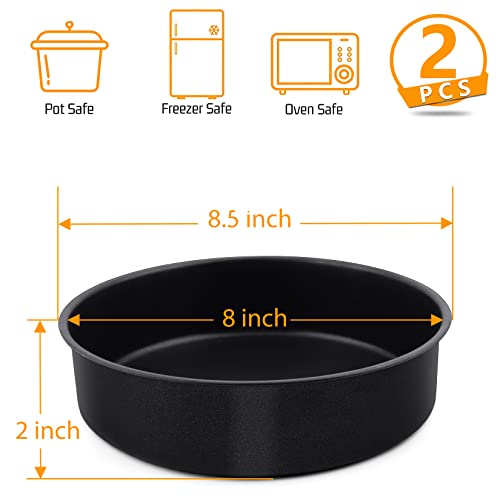 P&P CHEF 8 Inch Round Cake Pan Set of 2, Non-Stick Cake Baking Pans for Birthday Wedding Layer Cakes, Stainless Steel Core & Leak Proof, Sturdy & Healthy, Black