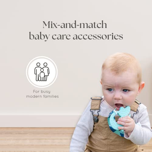 Dodo Babies Teething Toy & Pacifier Clip Set β Silicone Teether Four Pack Plus Two Universal Holder Paci Leashes and Binky Case β Blue Animal Shapes β Great Shower Gift for Baby Girl or Boy
