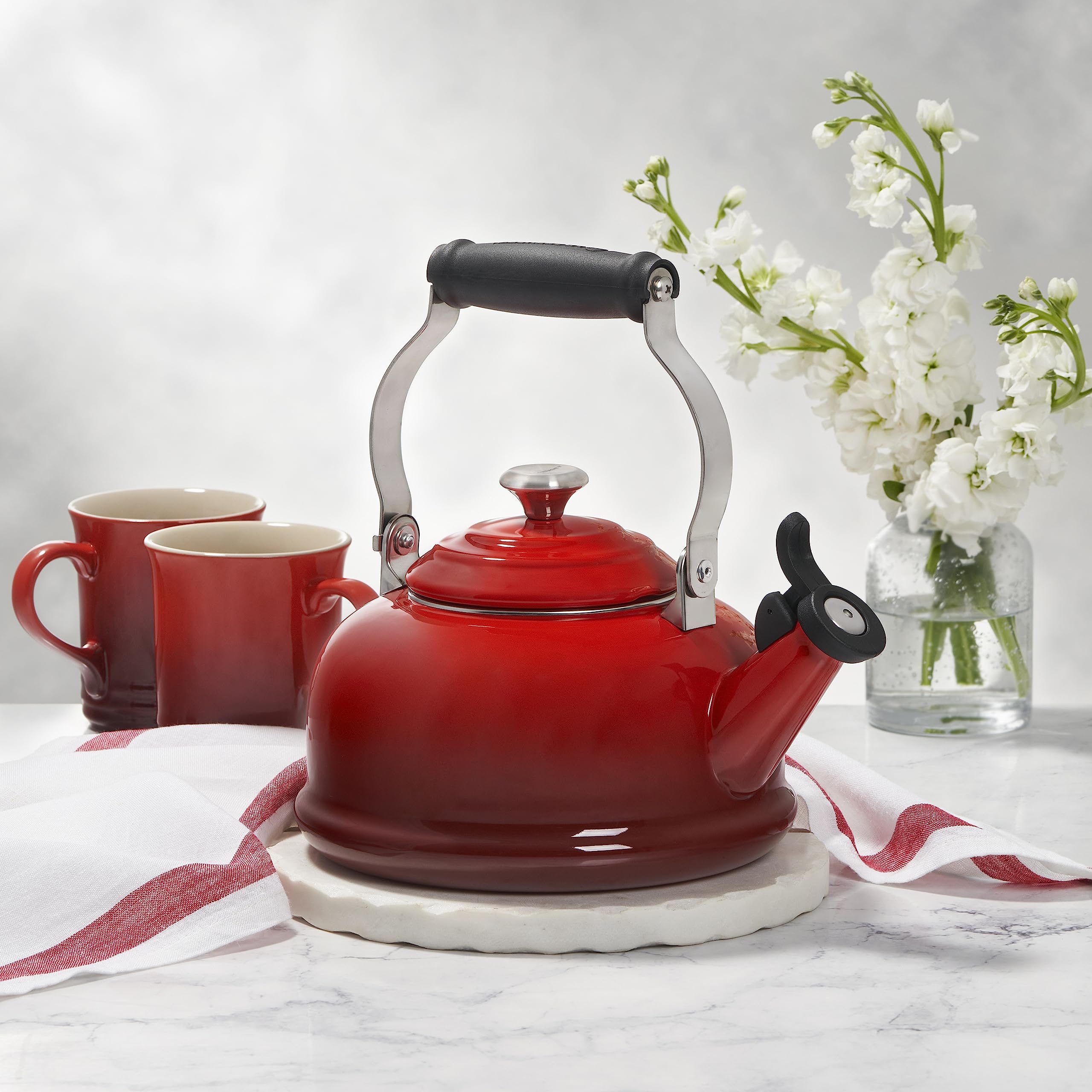 Le Creuset Enamel On Steel Whistling Tea Kettle with Metal Finishes, 1.7 qt., Cerise