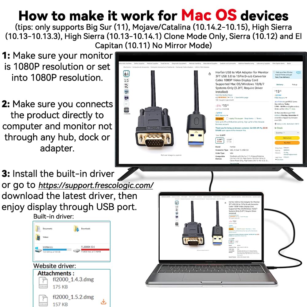 Herfair USB to VGA Adapter for Monitor 3FT USB 3.0 to 15Pin D-sub Converter Cable 1080P Video Display Cord Supported Mac OS/Windows 10/8/7 Systems Only (3.2FT, Require Driver Installed)