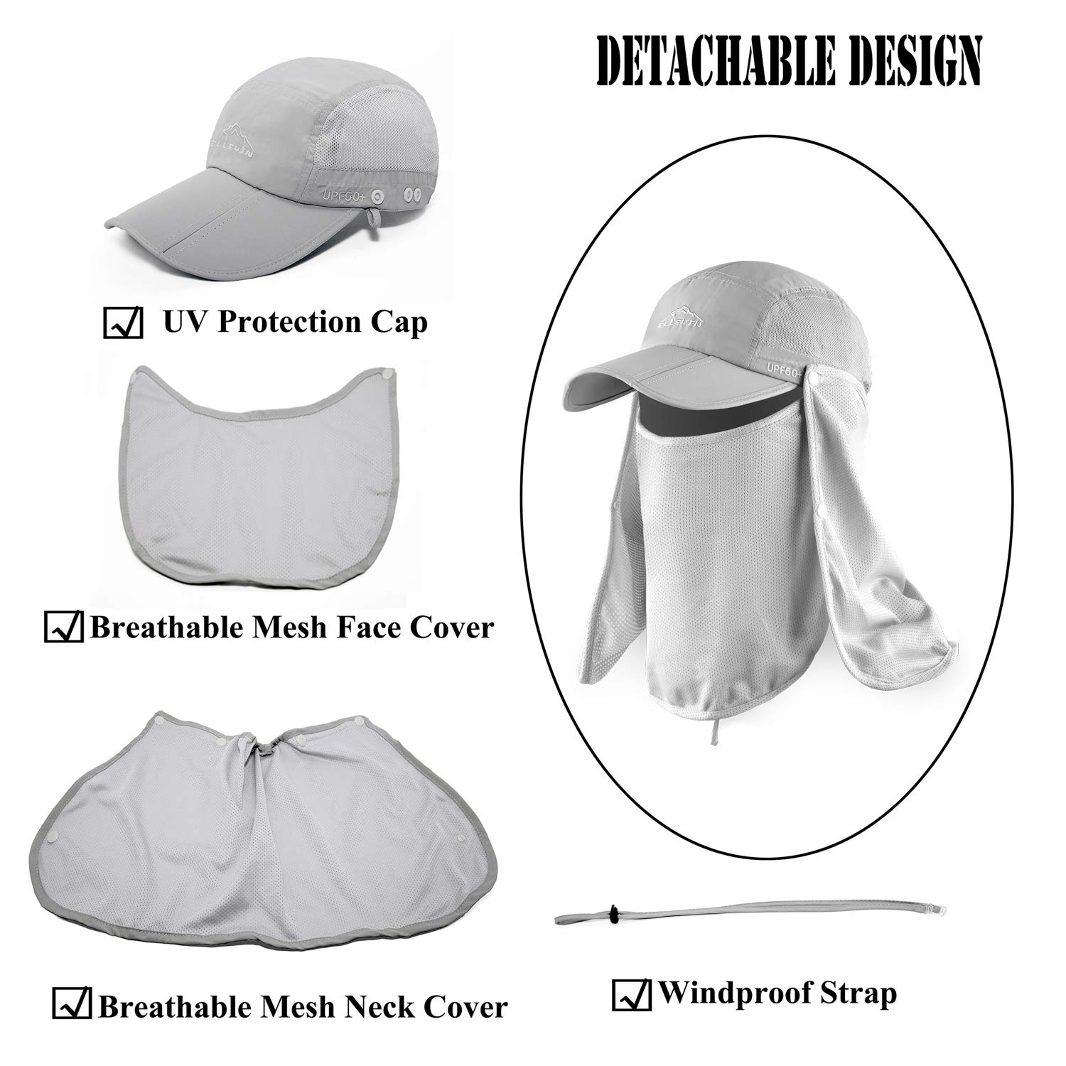 ELLEWIN Outdoor Sun Hat for Men Women UPF 50+ Fishing UV Hat with Neck Flap Face Cover for Sun Protection Light Grey