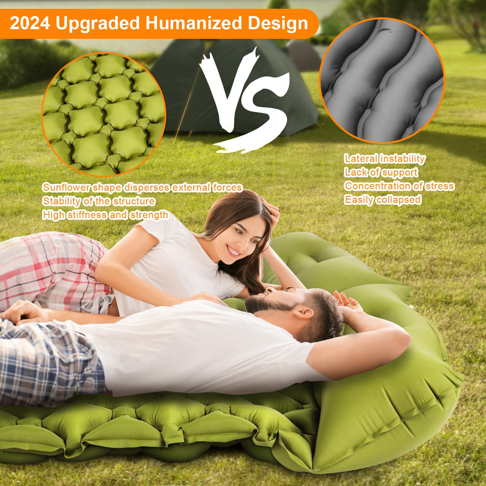 Double Sleeping Pad, Ultralight 4" Extra-Thick Self Inflating Sleeping Mat for 2 Person with Pillow Built-in Foot Pump Portable Camping Mat for Backpacking, Hiking, Traveling, Tent (Army yellow)