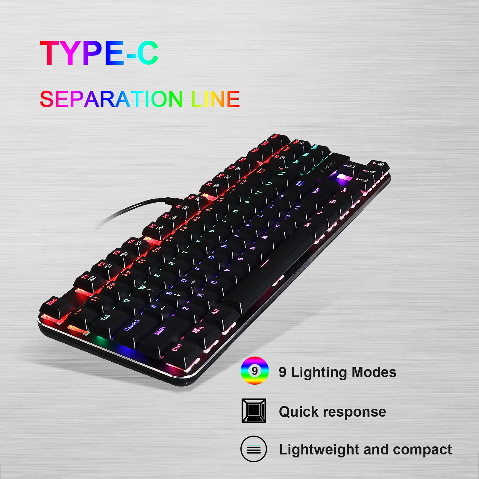 E-YOOSO Mechanical Keyboard LED Backlit Gaming Keyboard with Blue Switches, Compact 87 Key Ultra Slim Wired Keyboard for Desktop/PC/Laptop/Mac/Smart TV and Windows 10/8/ 7 (Blue Switch)