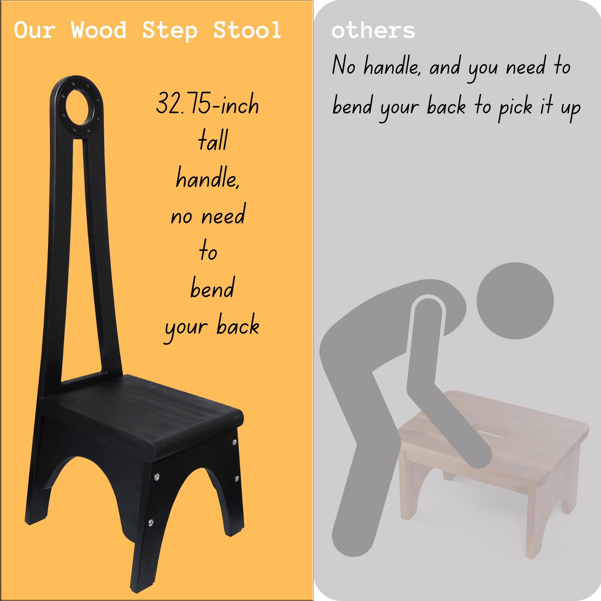 Heavy Duty Wooden Step Stool with Handle, Besuerte Vintage Step Stool with 32.75" Tall Handle for Bathroom, Kitchen, No Need to Bend Your Back to Pick Up Single Step Stool (Walnut)