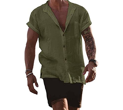 MBETA Cotton and Linen Solid Color Cardigan Loose Short Sleeve Shirt Suitable for Summer Menswear