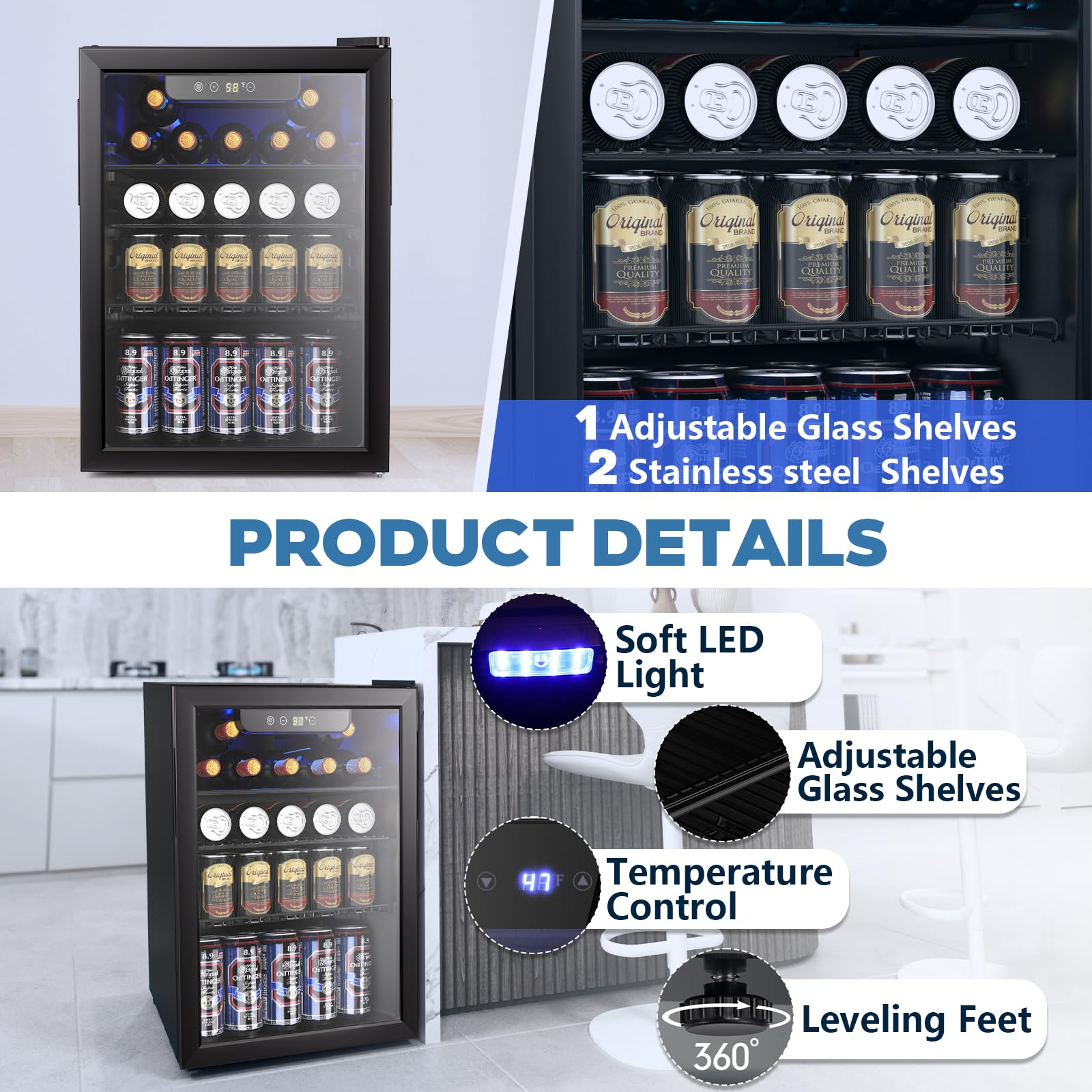 Joy Pebble Beverage Refrigerator Cooler,95 Can Mini Fridge with Glass Door for Beer Soda Wine, Small Drink Fridge with Adjustable Thermostat, Beverage Fridge for Bar Home Office,2.6Cu.Ft