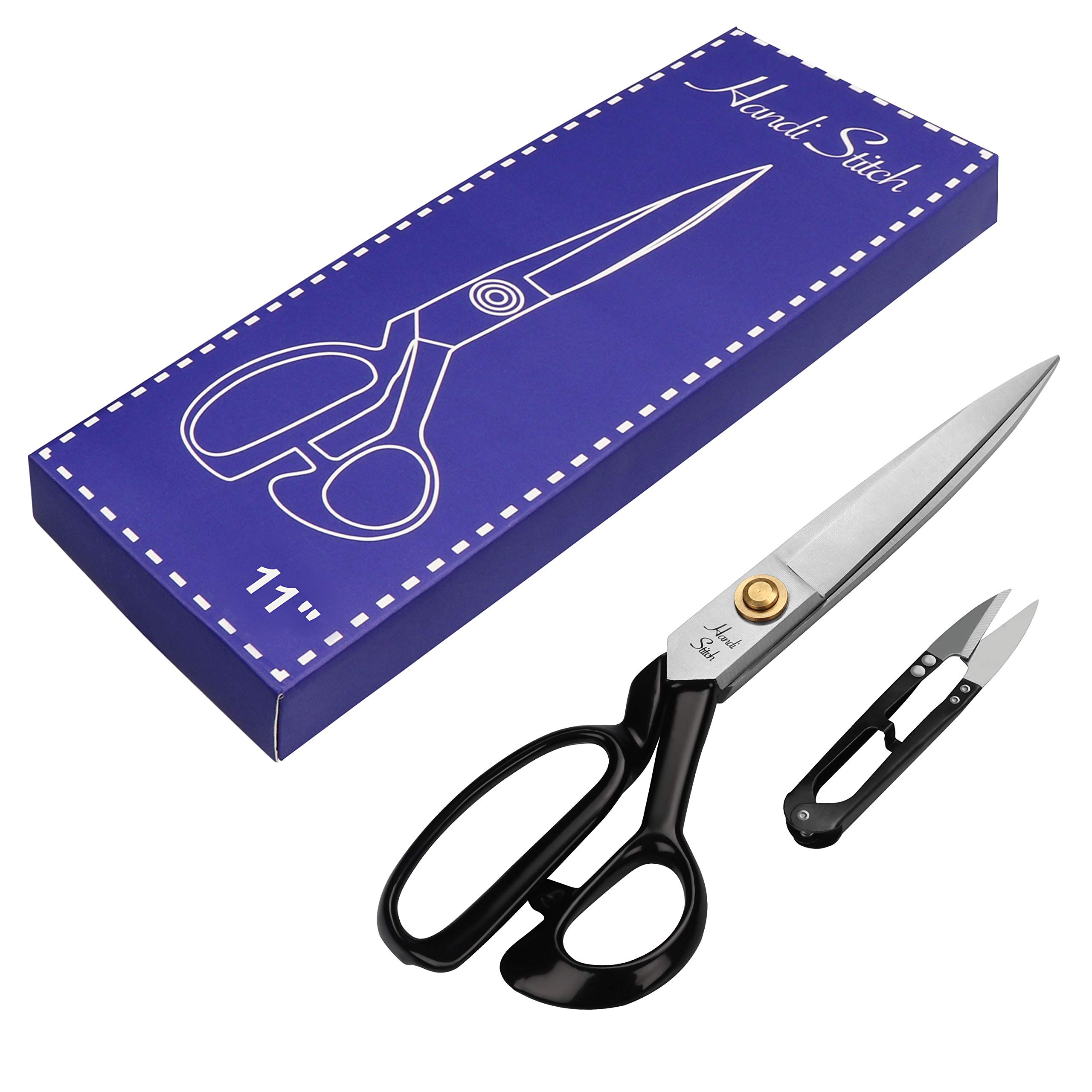 Handi Stitch Fabric Tailor Scissors and Thread Snipper β 11 Inch Razor Sharp Stainless Steel for Sewing, Dressmaking & Knitting Needs β Durable Black Shears for Cutting Denim, Leather & More