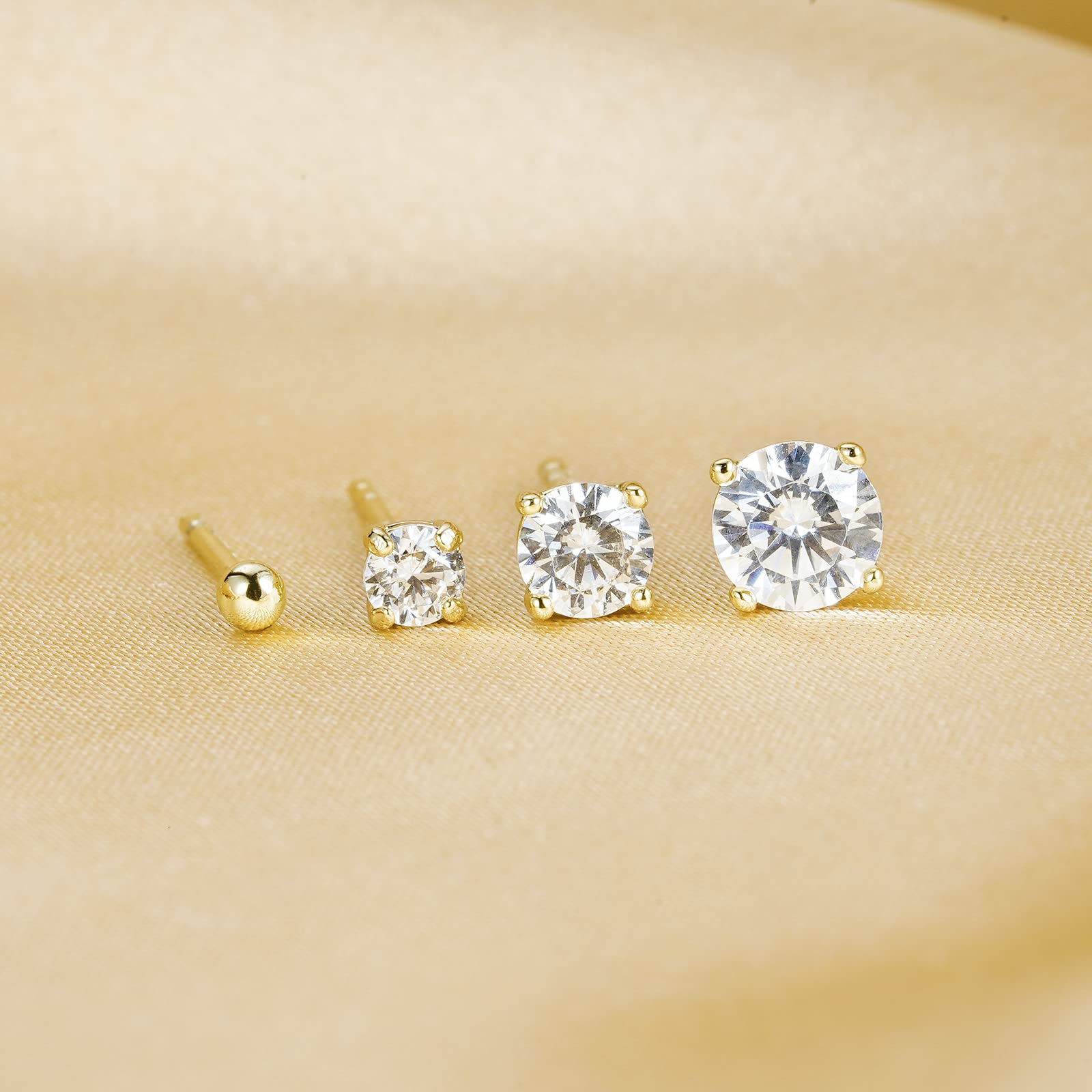Dabestapp 14K Gold Plated CZ Stud Earrings Simulated Diamond Hypoallergenic Piercing Ear Studs Set 2mm /3mm/4mm/5mm for womens and girls(4Pairs )