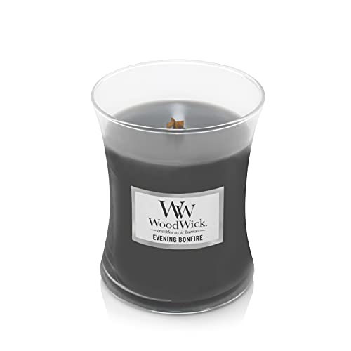 WoodWick Ellipse Scented Candle, Evening Bonfire, 16oz | Up to 50 Hours Burn Time, Gray & Evening Bonfire Medium Hourglass Candle, 9.7 oz.
