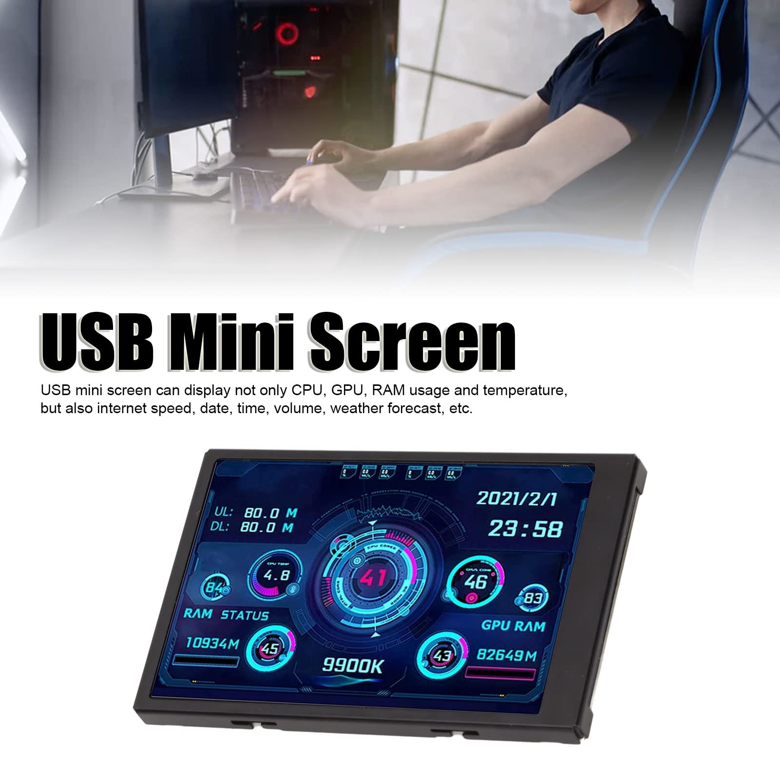 Heayzoki 3.5in USB Mini Screen, Pc Temp Monitor, CPU HDD Data Temperature Display, 360 Degree Rotation Type C Sub Screen for Computer Case
