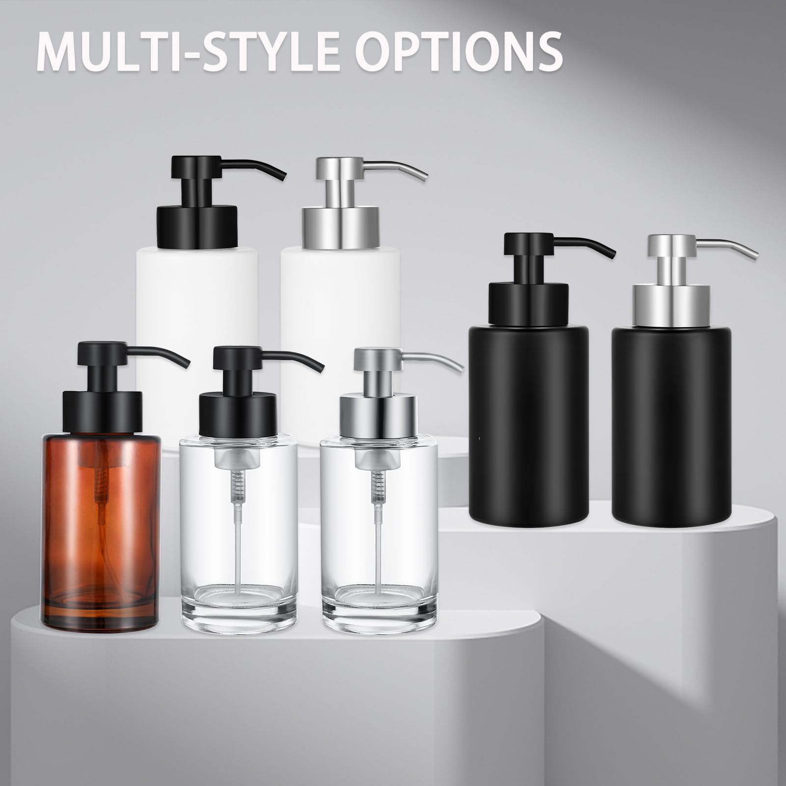 Foaming Soap Dispenser Set, 17 Oz White Glass Hand Soap Dispenser with 304 Rust Proof Stainless Steel Pump, Waterproof Labels, Bottles for Bathroom Decor Kitchen College Dorm, 2 Pack