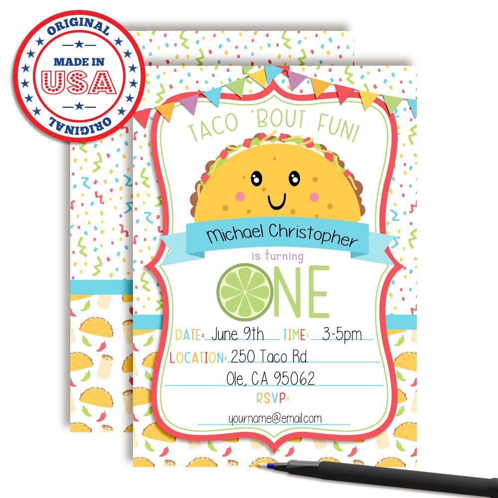 Taco 'Bout Fun Taco Themed First Birthday Fiesta Party Invitations, 20 5x7 Fill In Cards with Twenty White Envelopes by AmandaCreation