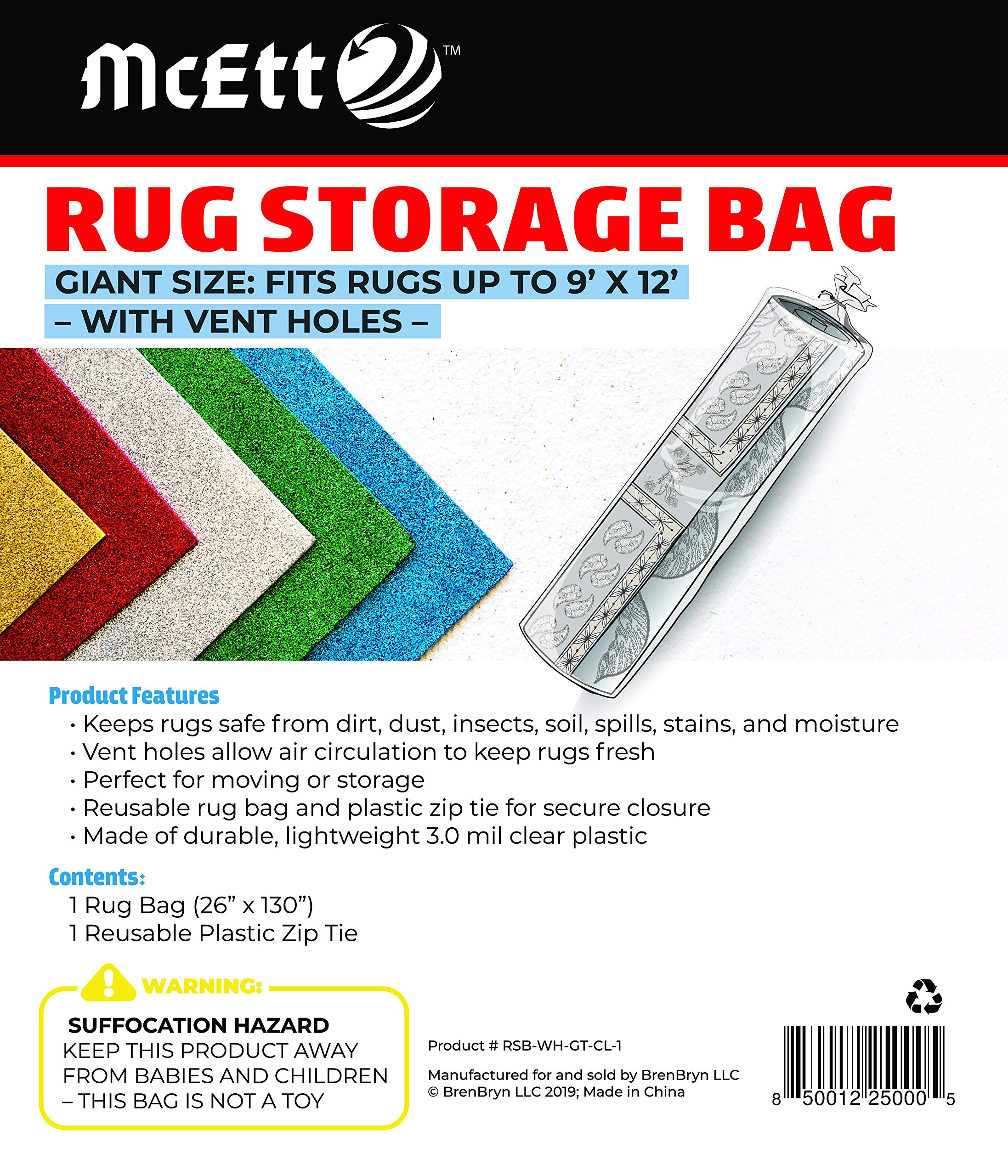 Rug Storage Bag and Zip Tie - WITH Vent Holes - Heavy Duty - Giant Size Fits Rugs up to 9'x12' - Protects Rolled Rugs for Moving or Storage