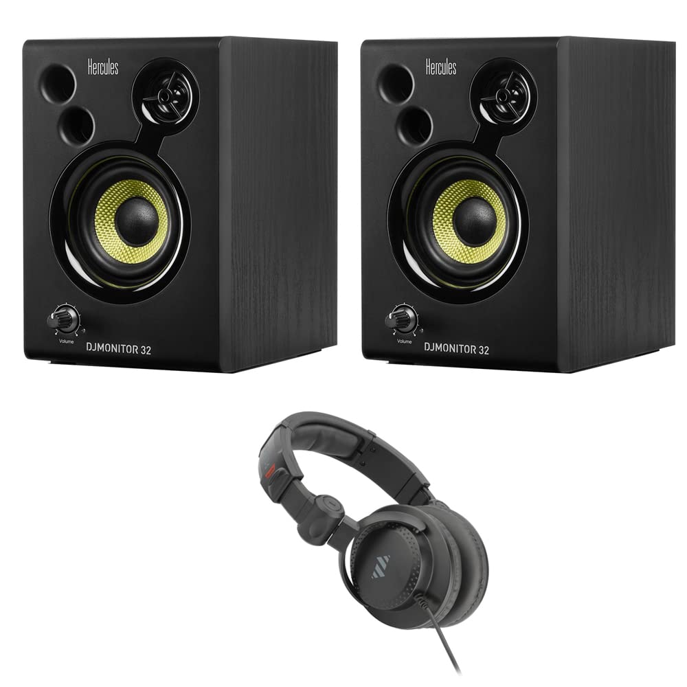 Hercules DJMonitor 32 3" Active Multimedia Speakers (Pair) Bundle with Polsen HPC-A30-MK2 Studio Monitor Headphones