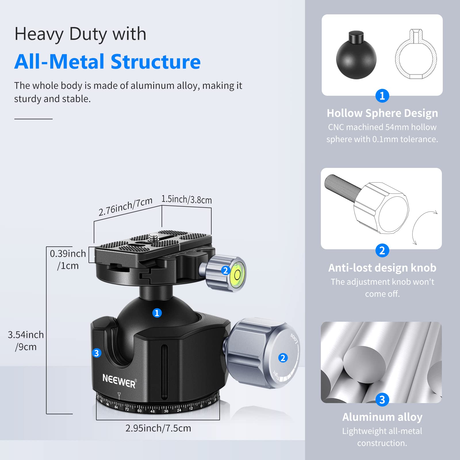 Neewer Low Profile DSLR Camera Tripod Ball Head, 54mm All Metal Panoramic Camera Mount Tripod Head with 1/4” Quick Release Plate for DSLR Camera/Camcorder, Tripod, Monopod, Slider, Max Load 77lb/35kg