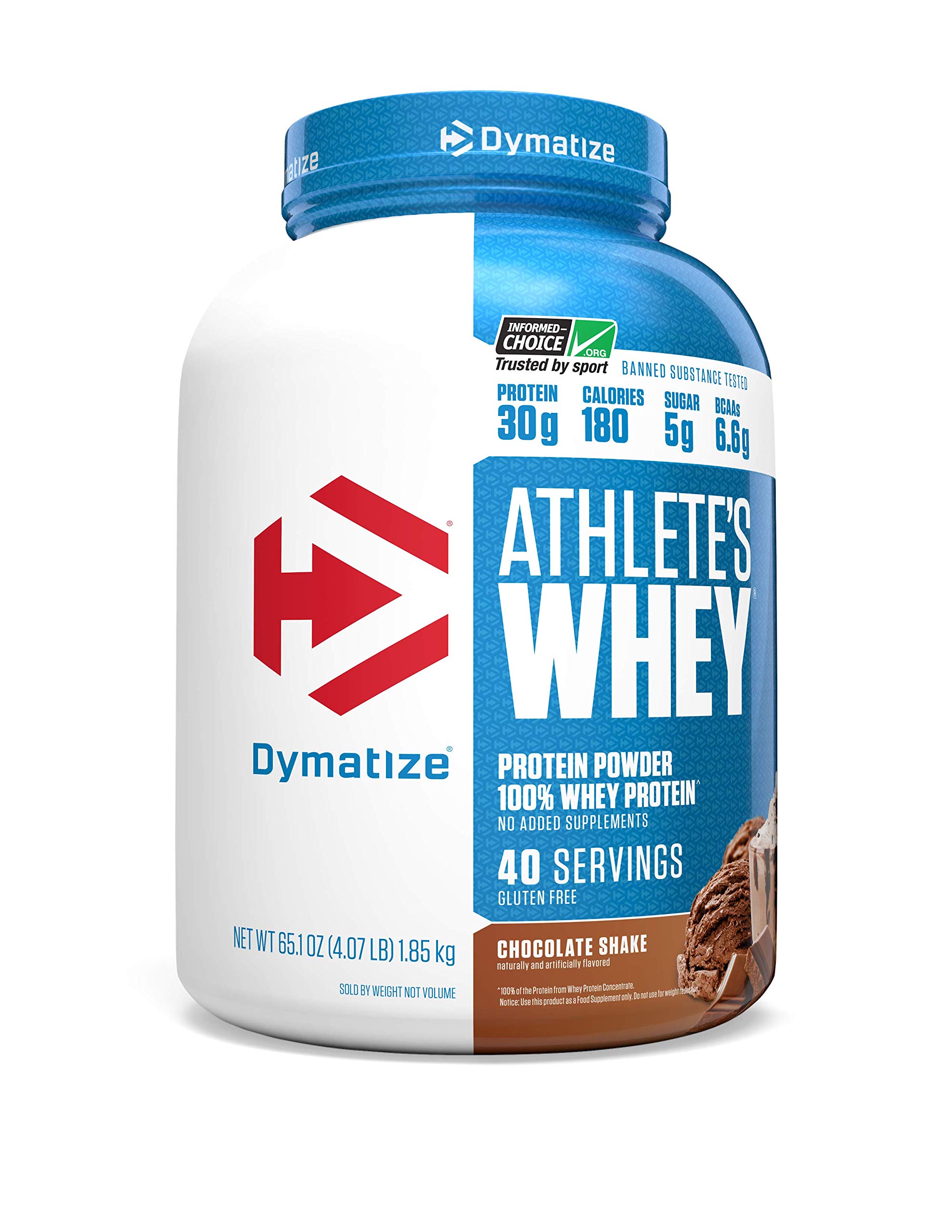 Dymatize Athlete's Whey Protein Powder, 30g of Protein, 6.6g BCAAs, Chocolate, 40 Servings (Pack of 1), 40 Count