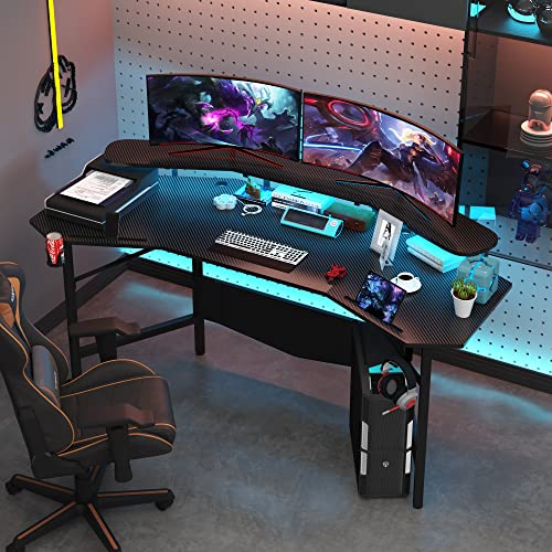 PAKASEPT Gaming Desk with Led Lights, 70.9” Large Wing-Shaped Desk, Carbon Fiber Surface Gaming Table with Monitor Stand, Headphone Hanger & Cup Holder & Dual Slots