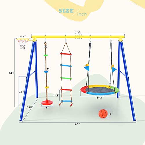 Saucer Swing Set for Backyard 4 in 1, YMERSEN Swing Set Outdoor for Kids with Steel Frames, Climbing Rope with Disc Tree Swing Play Set, and Basketball Hoop Blue