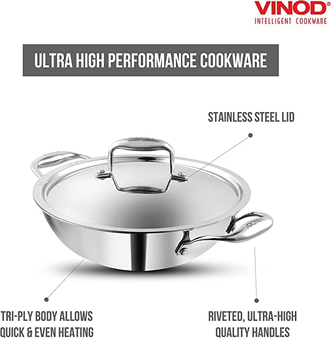 Vinod Platinum Kadai Triply Stainless Steel | Suitable For Indian Cooking, Sauces, Stews, Soups | Deep/Extra Deep Kadai With Lid | Induction, Electric Friendly (Extra Deep Kadai, 24cm)