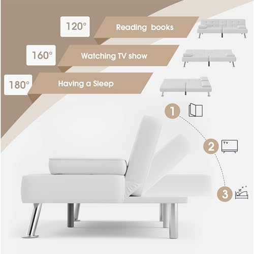 Flamaker Futon Sofa Bed Modern Folding Futon Set Faux Leather Convertible Recliner Lounge for Living Room with 2 Cup Holders, Removable Armrests (Faux Leather, White)