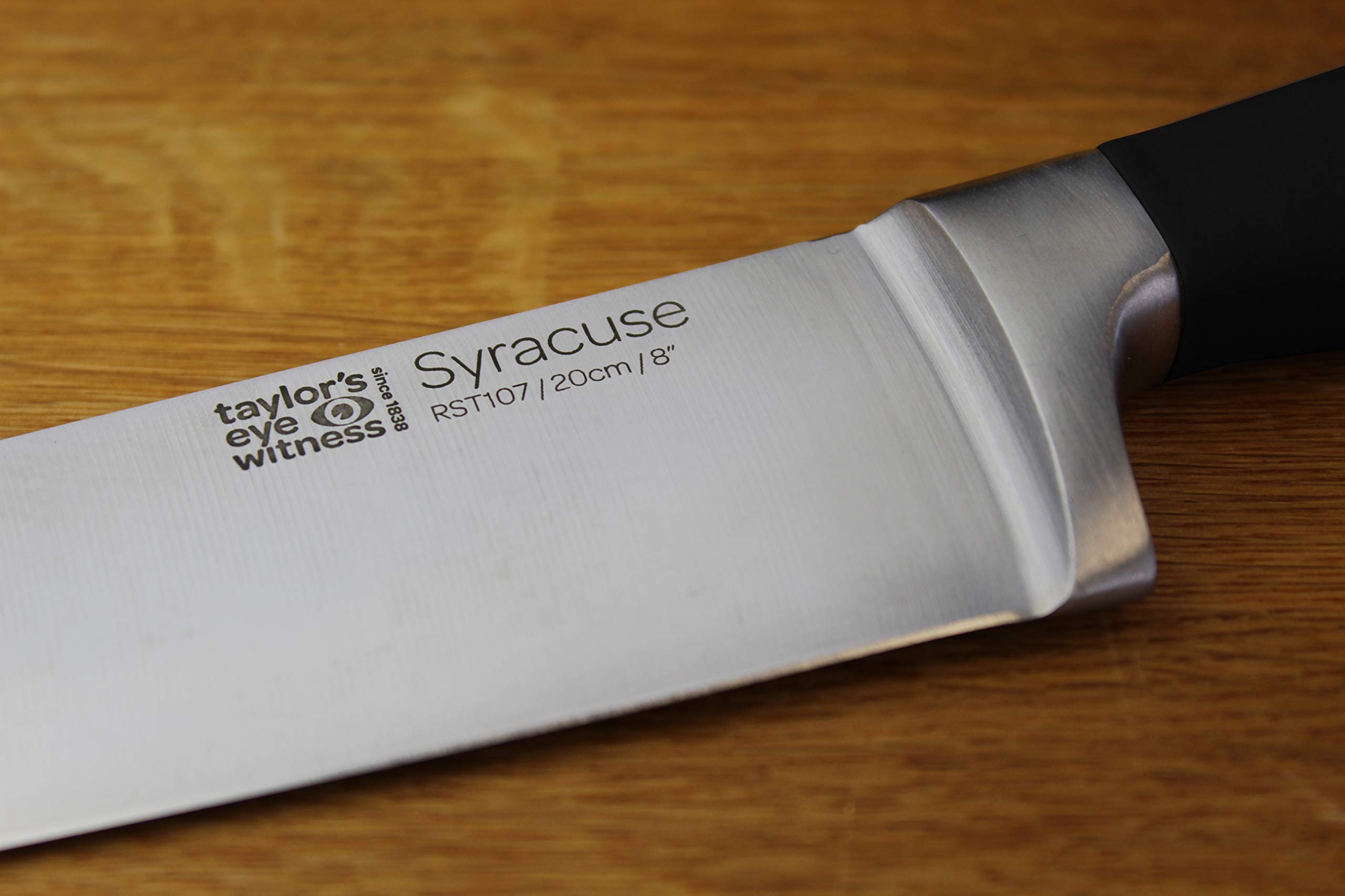 Taylors Eye Witness Syracuse Chefs/Cooks Kitchen Knife - Professional 20cm/8 Inch Cutting Edge, Multi Use. Precision Ground, Razor Sharp, Ultra Fine Blade. Soft Textured Grip Matte Black Handle.