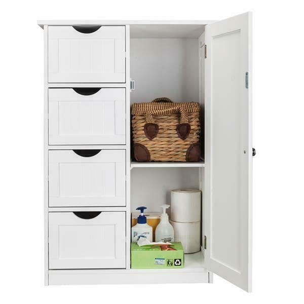 MAXCBD Nightstand Bedside Table Drawer Cabinet 4 Drawer Single Door Bathroom Dresser Shelf Cabinet Storage Furniture White Bathroom Storage Cabinet Storage Tower Dresser