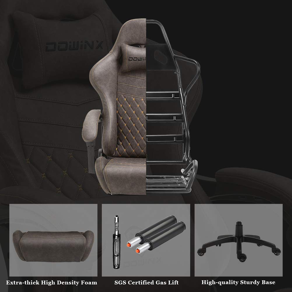 Dowinx Gaming Chair Office Chair PC Chair with Massage Lumbar Support, Vintage Style PU Leather High Back Adjustable Swivel Task Chair with Footrest (Brown)