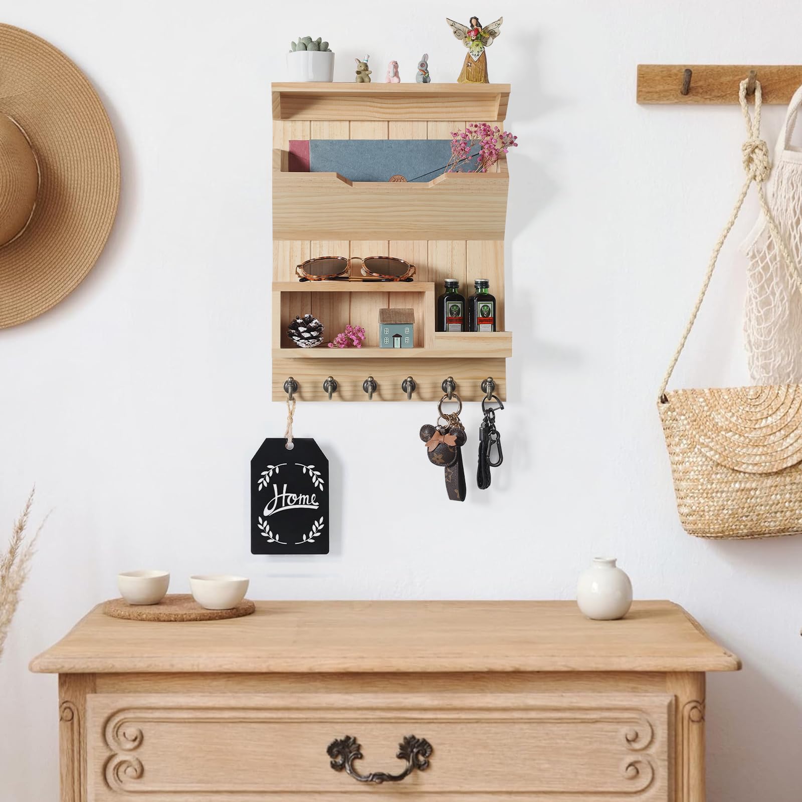 Dythner Key Holder for Wall, Elegant Wall-Mounted Mail Organizer, Key and Mail Holder for Wall with 6 Key Hooks, Key Racks for Rustic Home Decor, Pine Wood Luxury Black Plus
