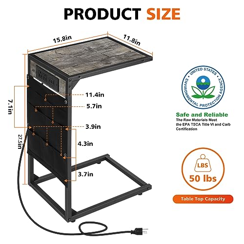 Set of 2 C Shaped End Table with Charging Station, Snack Side Table, C Tables for Couch, Couch Tables That Slide Under, for Living Room, Bedroom, Gray