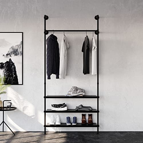 pamo industrial pipe clothing rack - ALVA - clothes rack for wardrobe, bedroom and as walk-in closet system. Sturdy clothing racks for hanging clothes I wall mounted heavy duty clothes rack