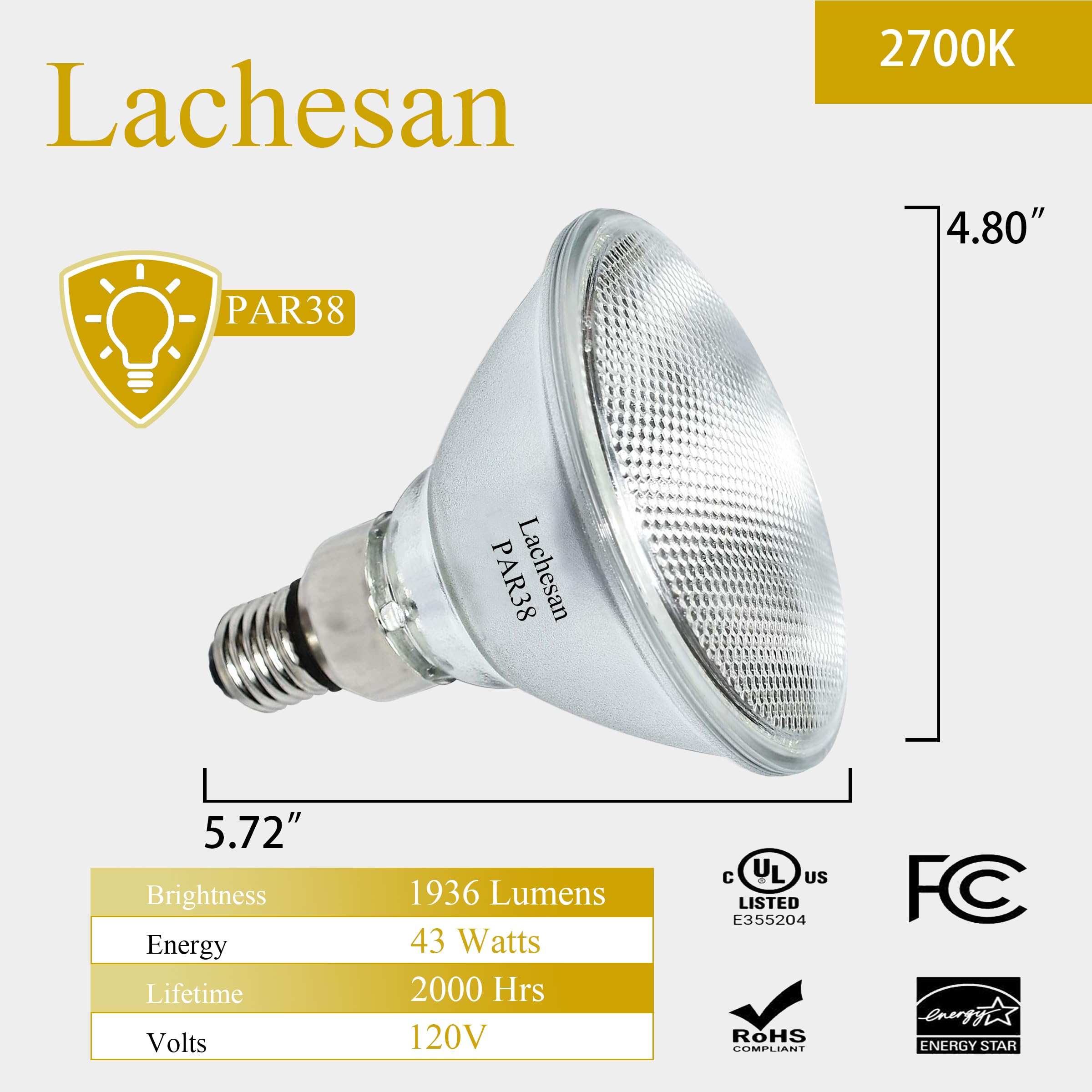 Lachesan PAR38 Halogen Flood Light Bulbs 2 Pcs, 90W Equivalent, 120V, E26 Base, 2700K Warm White Light for Indoor and Outdoor