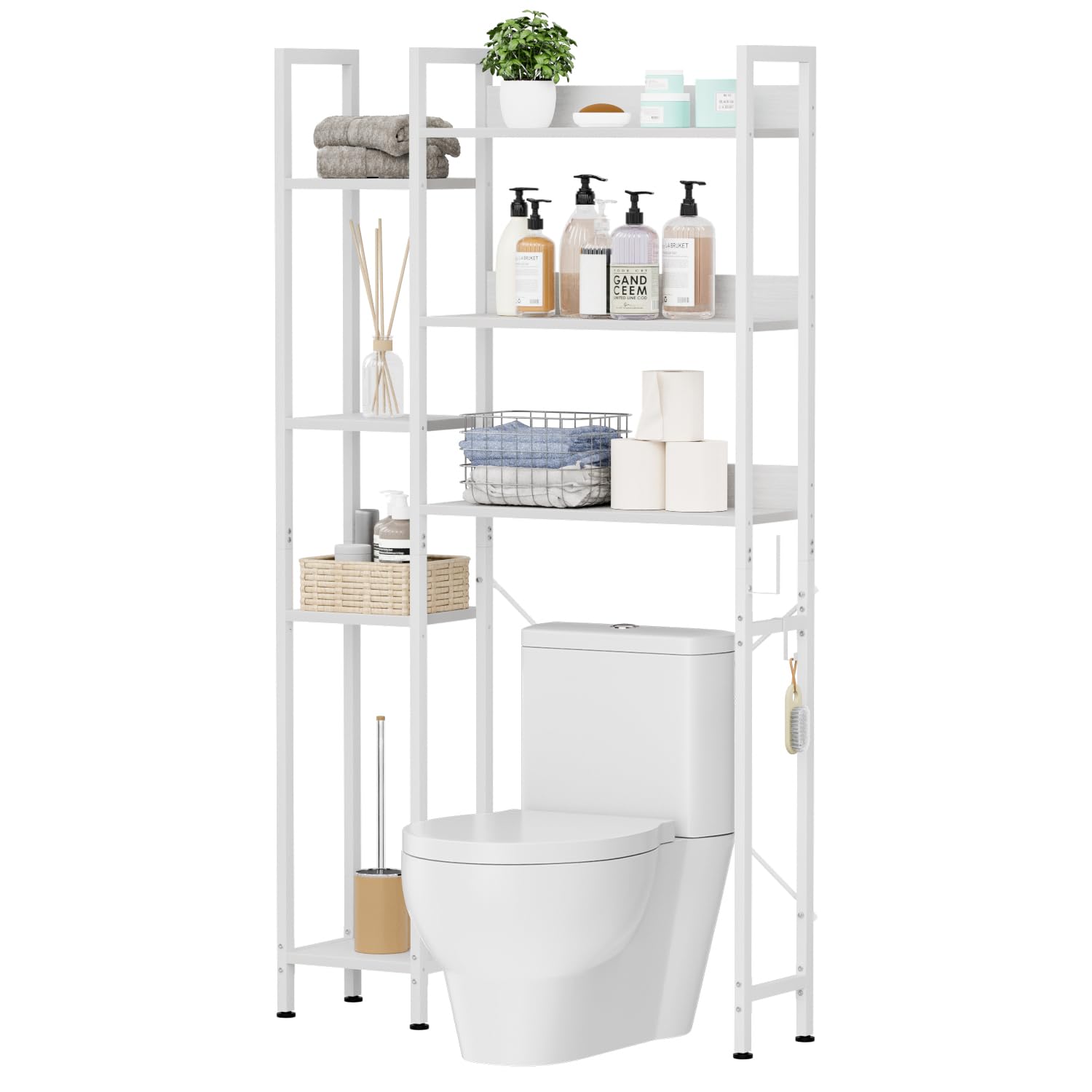 OTK Over-The-Toilet Storage with 7-Tier Bathroom Organizer Shelf, Side Storage Open Shelf, Freestanding Space Saver with Hooks & Adjustable Feet, Toilet Rack for Bathroom, Restroom, Laundry, White