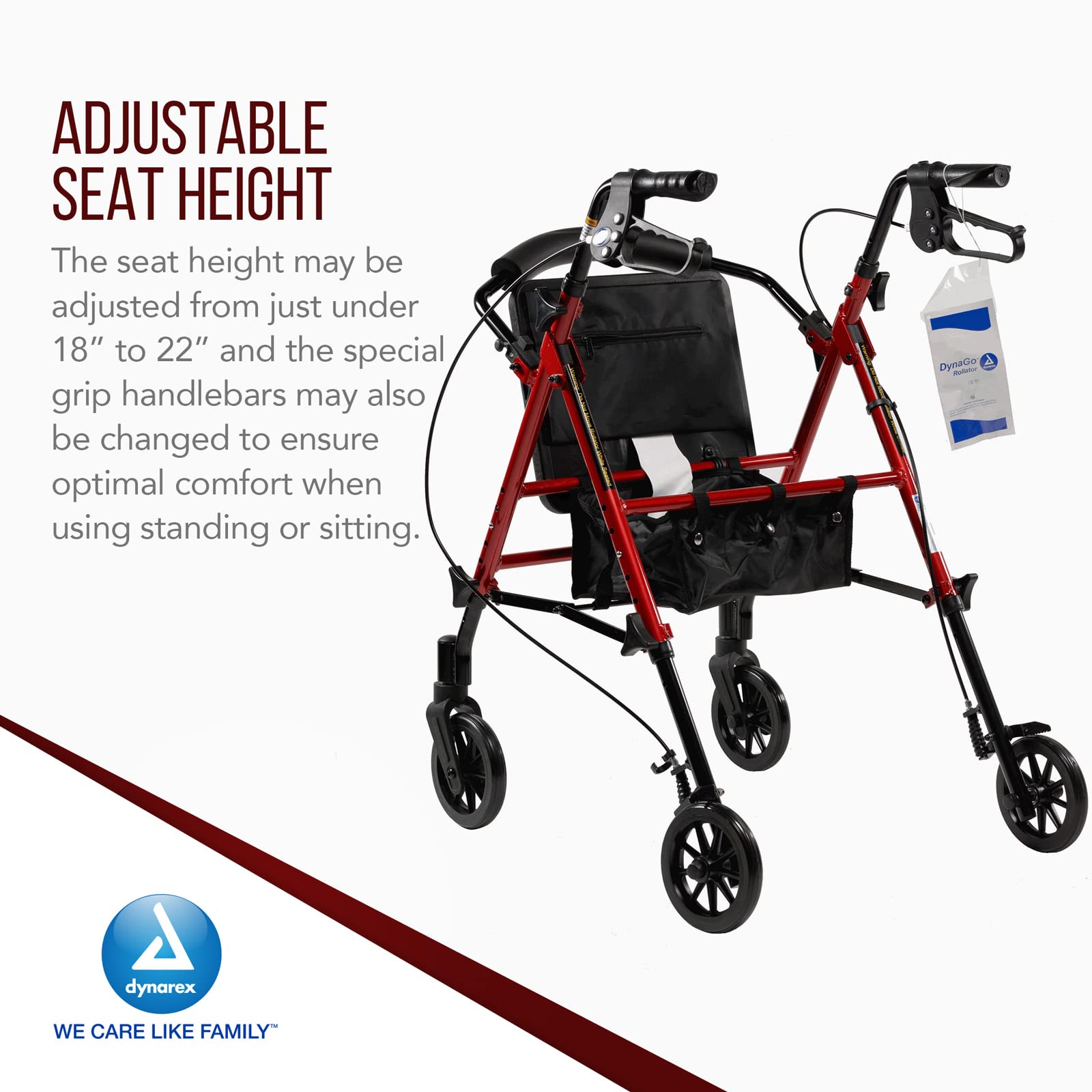 Dynarex DynaGo Flex Rollator - Foldable, Portable, Stand-Up Rolling Walker - 6β Wheels, Adjustable Seat Height & 300 lb. Weight Capacity, Red Frame, 1 Rollator