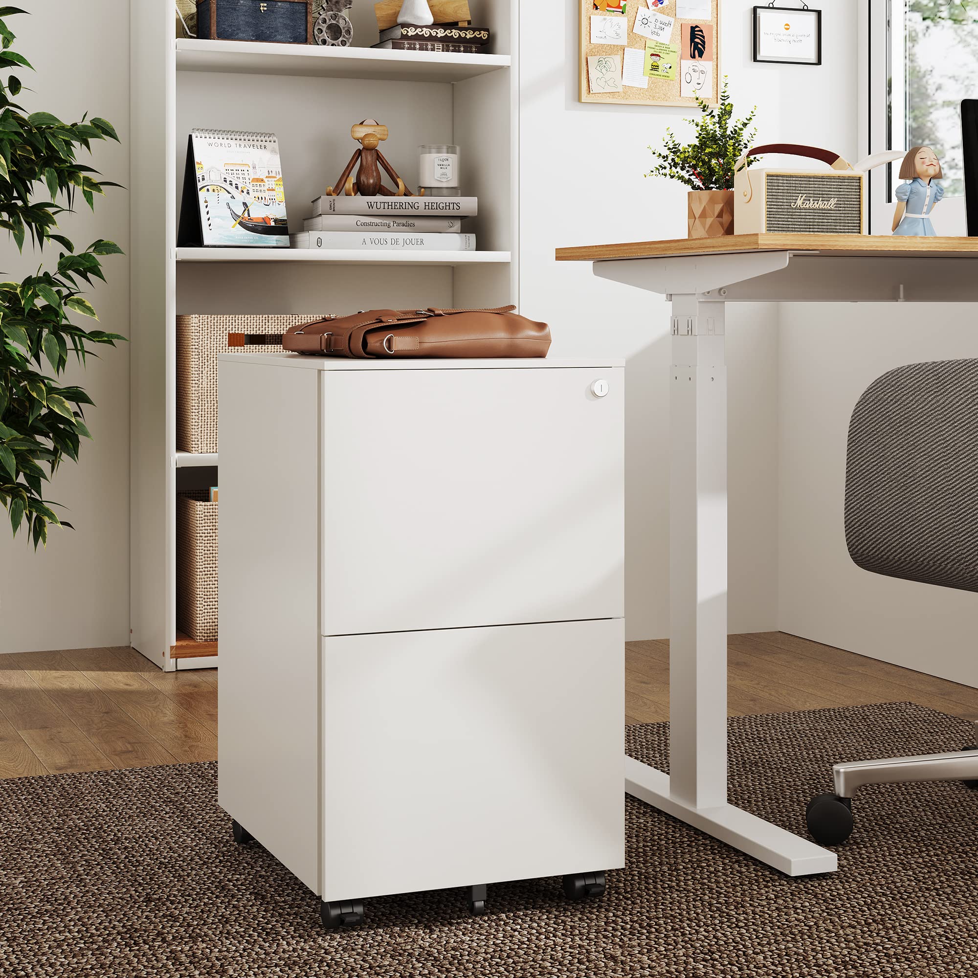 DEVAISE Vertical File Cabinet with Lock, Mobile Filing Cabinet for Legal/Letter/A4 Files, Fully Assembled Except Wheels, White