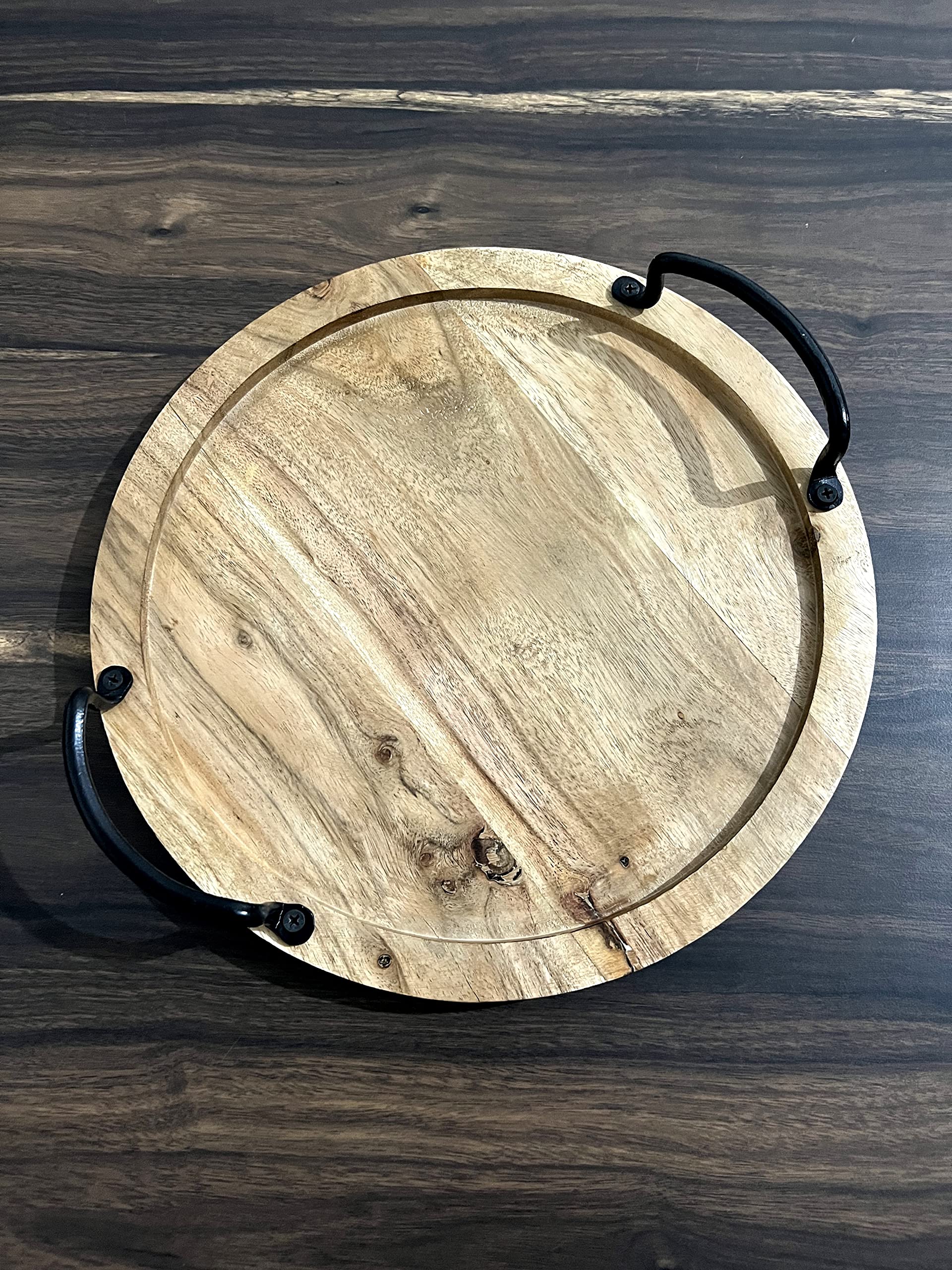 Handmade Wooden Acacia Round Serving Tray Beautiful Mother of Pearl Border Decorative Tray with Handles for Parties Large Handles for Easy Handling, Beautiful Wooden Tray for Multiple uses