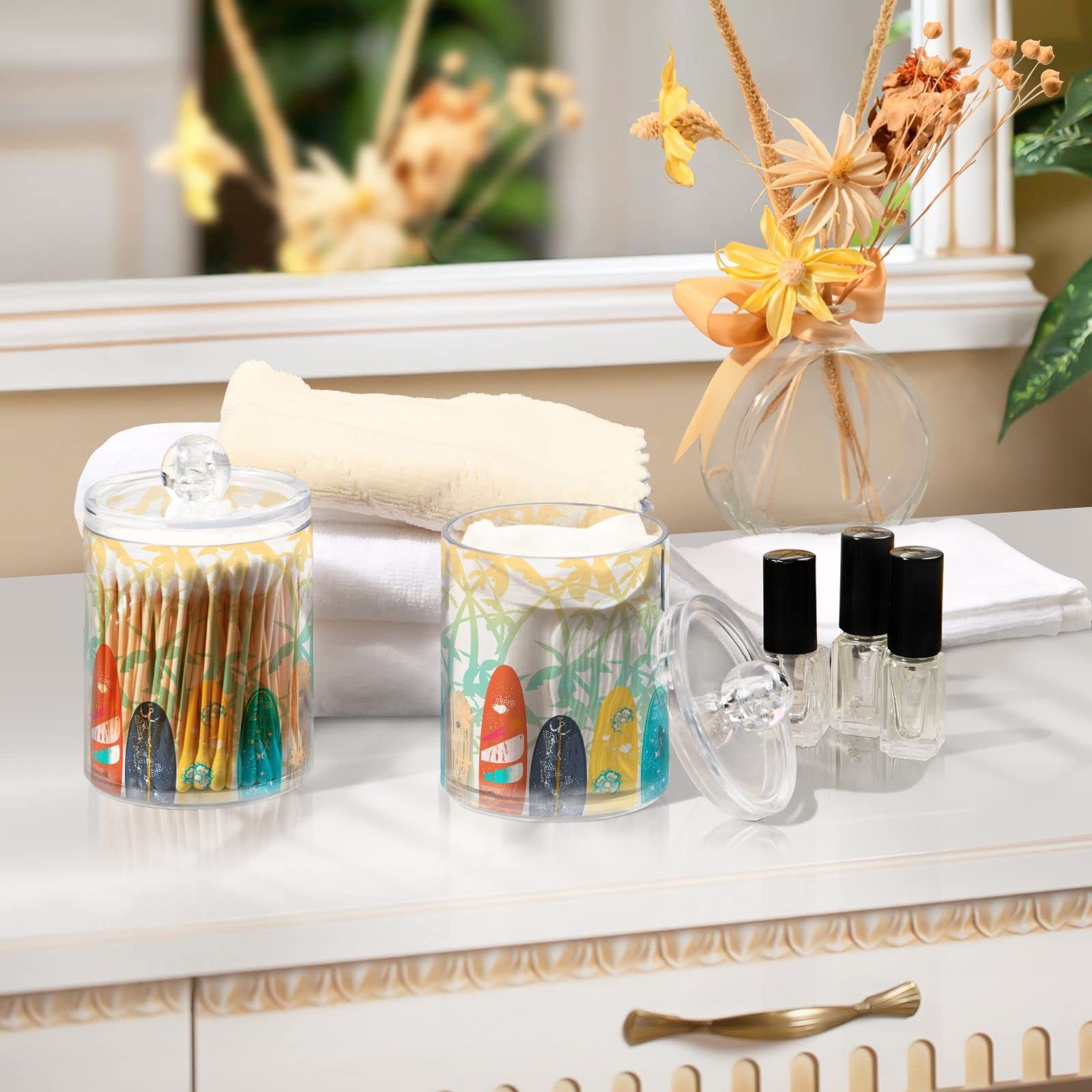 susiyo 2 Pack Bathroom Vanity Storage Organizer Canister Palm Trees Surf Boards Plastic Apothecary Jar Containers Qtip Holder Dispenser for Cotton Balls, Swabs, Makeup Sponges, Bath Salts, Hair Clips