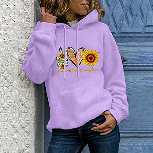 Ladies Hooded Sweatshirt Pullover Casual Print Long-Sleeved O-Neck Pocket Top Long Sweatshirt Hoodie Purple