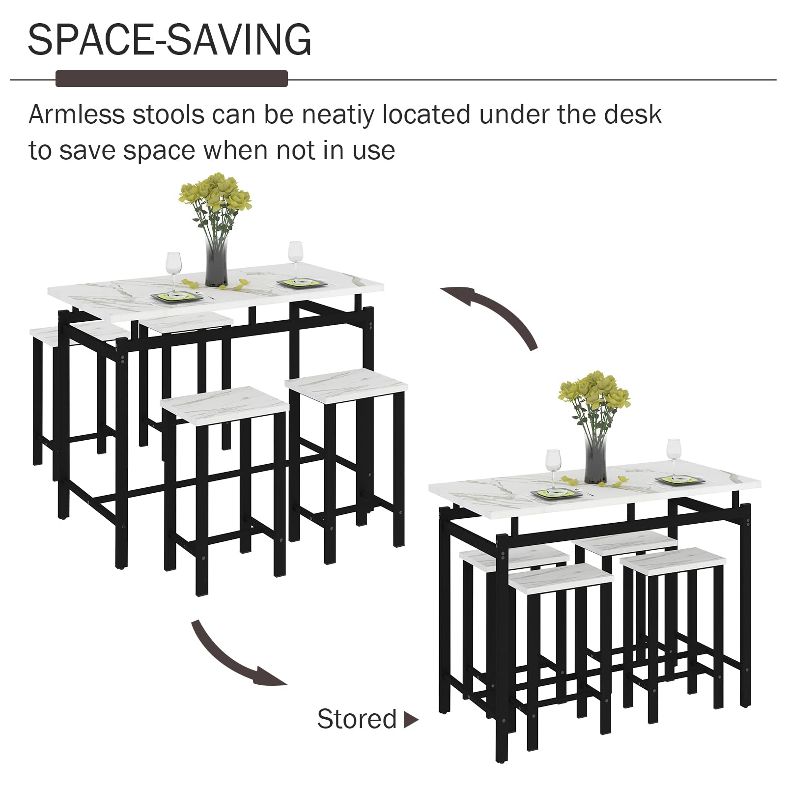 Dining Table Set for 4, 5 Pieces Kitchen Table and Chairs for Small Spaces, Bar Table and Chairs Set, Person Counter Height Table Set with 4 Chairs for Pub Restaurant Dinner Breakfast(White Statuario)