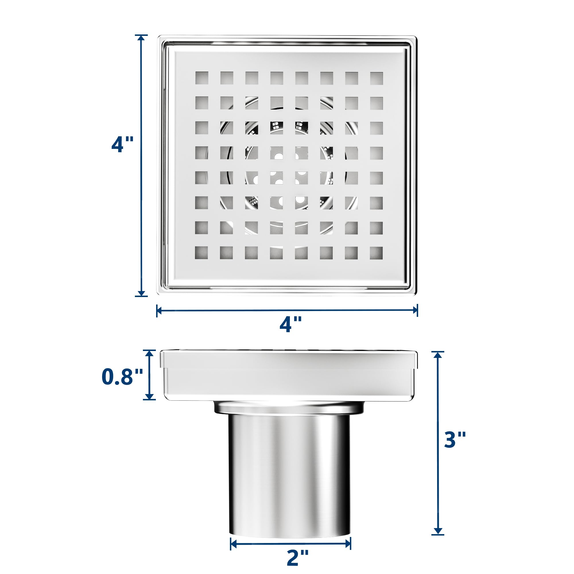 Neodrain 4-Inch Square Shower Drain with Removable Quadrato Pattern Grate, PVC Shower Drain Base and Rubber Gasket for Bathroom Floor Drain, Brushed 304 Stainless Steel, Includes Hair Strainer