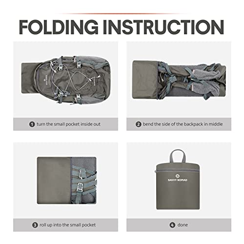 SAVVY NOMAD 40L Hiking Travel Packable Lightweight Camping Backpack Daypack with Removable Belt Bag for Women Men-Gray