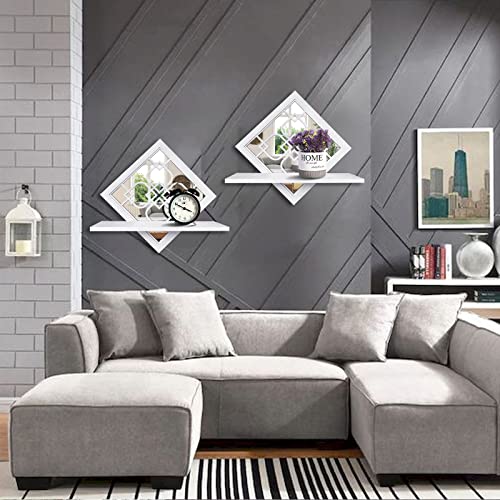 ZEXUIRU 2 Set Mirrored Shelves Wall Decor Wood Rustic Floating Shelves Geometric Diamond Shape Carving Frame Hanging Wall Art (White Set)
