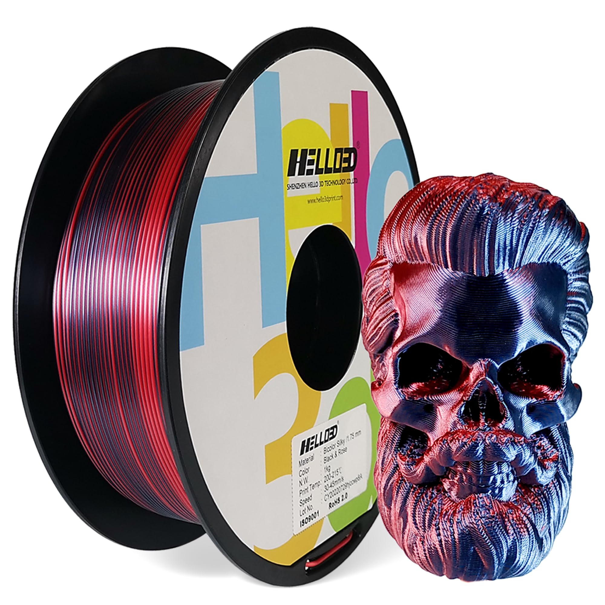 HELLO3D PLA 3D Printing Filament 1.75mm Dual Color Silk Filament,Silk Shiny Red Black 2 Colors in 1 Coextrusion 3D Printer Filament 1KG 1.75mm 3D Printing Material with Bicolor Dichromatic 2 Colors