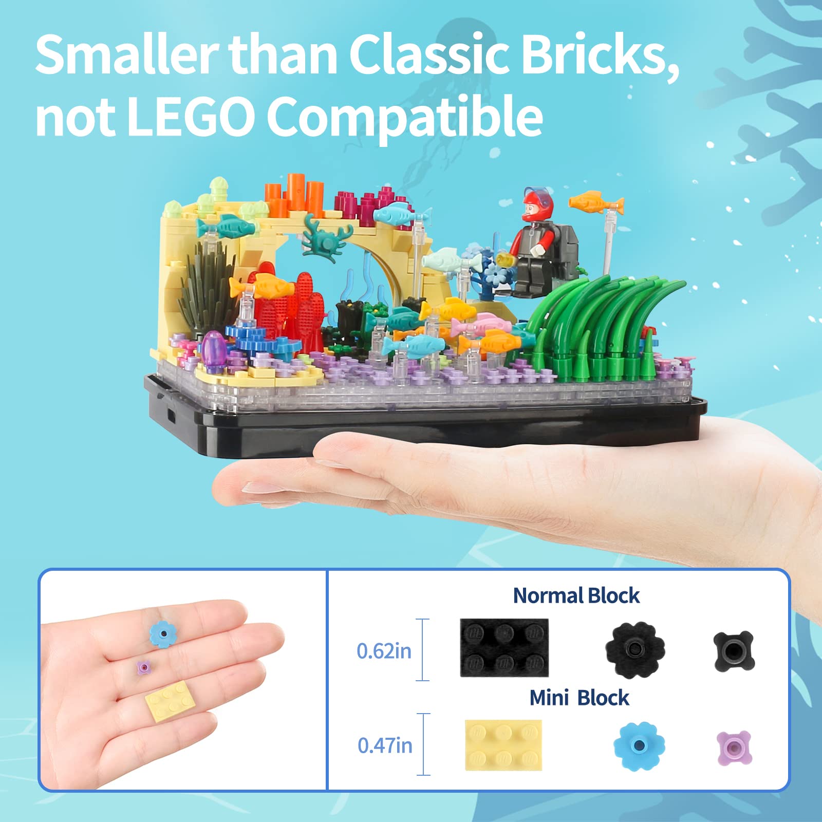 HIGH GODO Fish Tank Aquarium Building Sets, Creative Model Mini Block with Light kit, Collectible Ocean Exploration DIY Toys for Adults Boys Girls Ages 8+(559PCS)